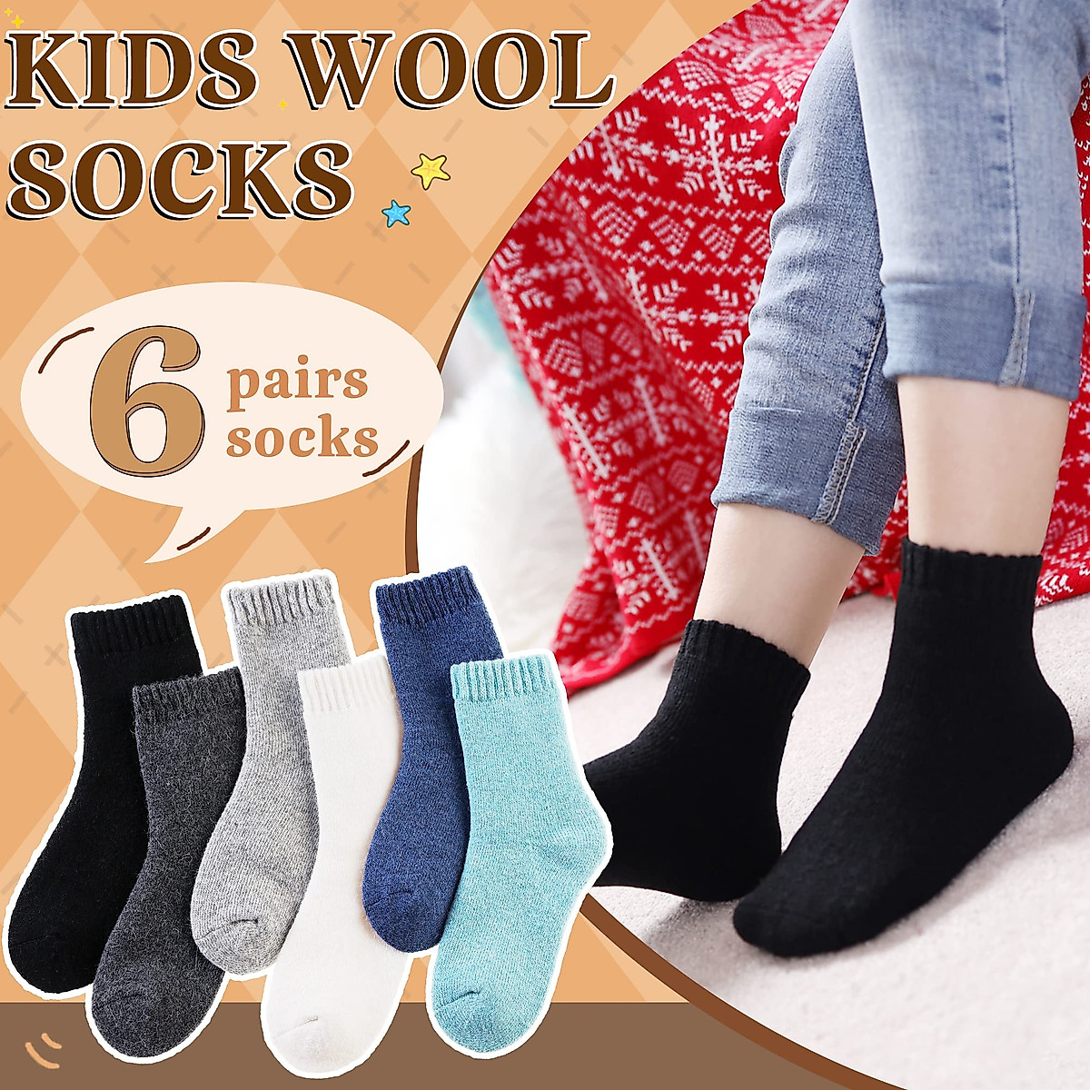 Kids Merino Wool Socks Boys Girls Hiking Boot Winter Thermal Warm Cozy Soft Toddler Thick Crew Socks 6 Pairs (6 Pairs Solid Color B, 4-7 Years)