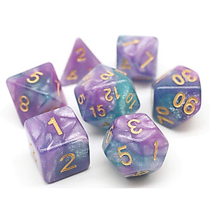 DND Dice Polyhedral 7-Die Dice Set for D&D Dungeons & Dragons Role Playing Gaming Night Sky dice with Glitter Purple Green…