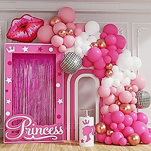 Pink Balloon Garland Arch Kit Hot Pink Rose Gold Chrome Balloon with Heart Lip Silver Disco Ball Balloon for Girls Birthday Princess Theme Party Background Bridal Shower Barbie Baby Shower Decorations