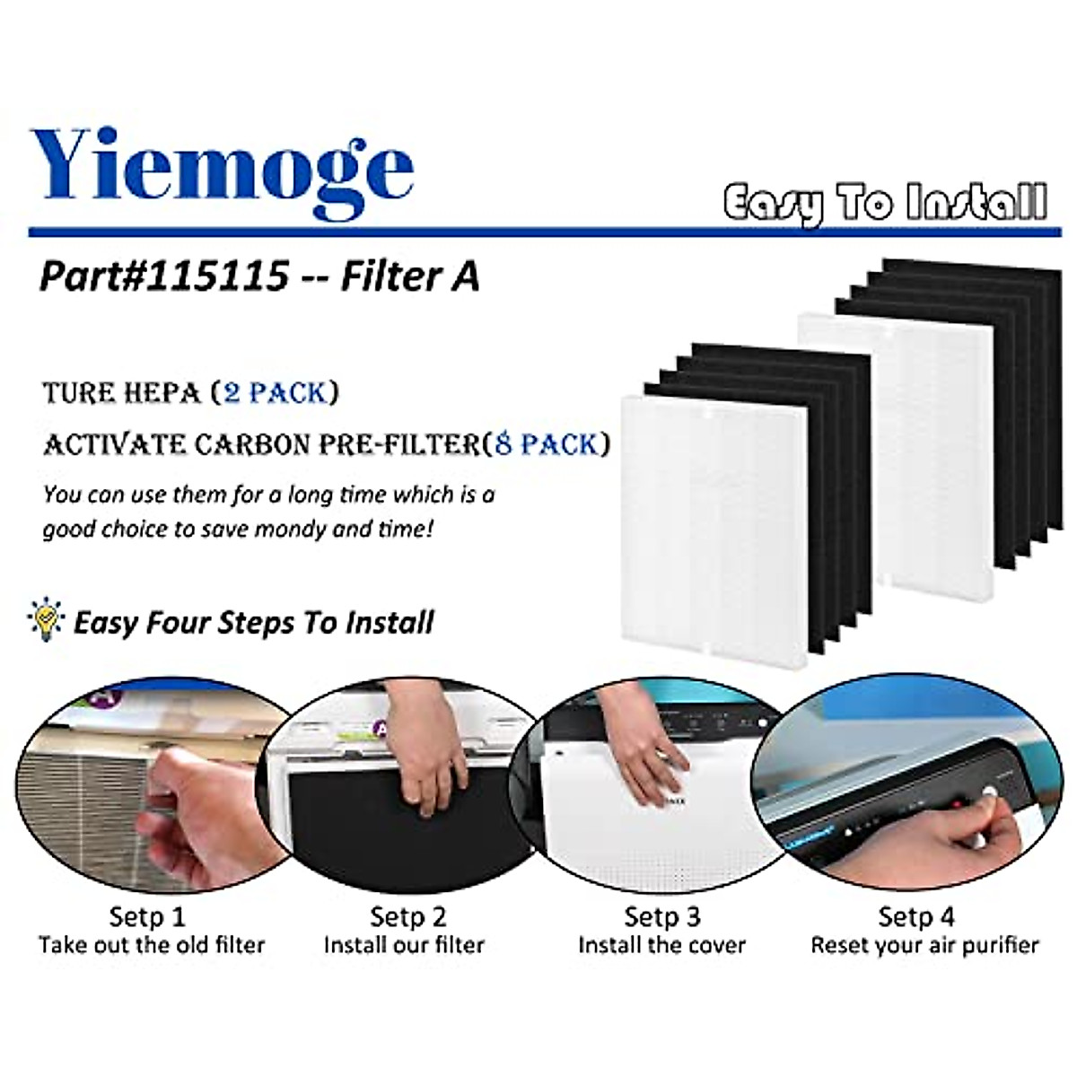 Yiemoge 115115 Replacement filter A: Compatible with winix Plasmawave C535 5300 5300-2 6300 6300-2 AM90 P300 Air Purifier - 2 TURE HPEA filter + 8 Pre-Filters