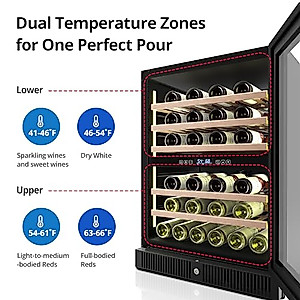 Frostronics 24 Inch Dual Zone Wine Refrigerator, 51 Bottles Under Counter Built-In or Freestanding Wine Cellar, Wine Cooler with Quiet Compressor Cooling and Reversible Glass Door, Fits Large Bottle