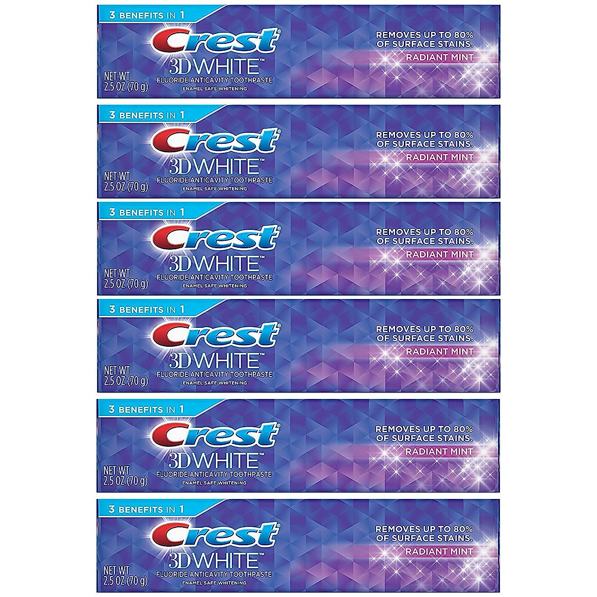 Crest 3D White Toothpaste, Radiant Mint, 2.5 Oz (Pack of 6)