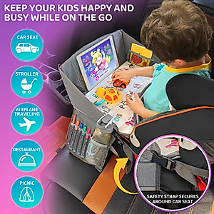 Kids Travel Tray for Car Seat with Dry Erase, Cup/iPad/Holder, 16x12 (Gray)