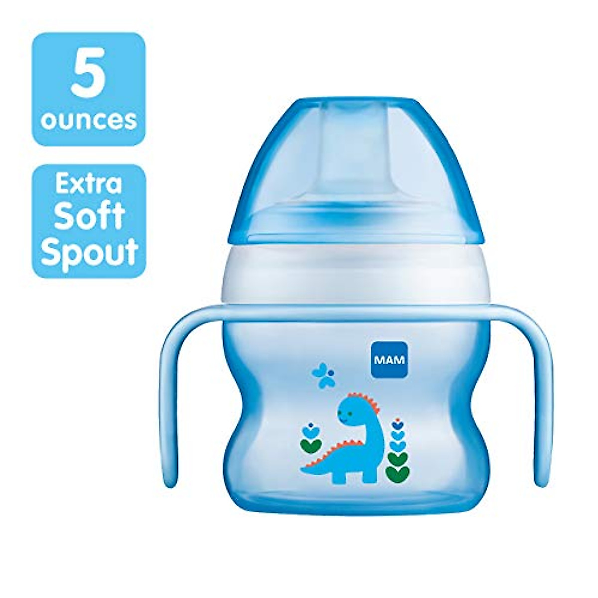 MAM Starter Cup (1 Count), MAM Sippy Cup, Drinking Cup with Extra-Soft Spill-Free Spout and Non-Slip Handles, for Boys 4+ Months, Five Ounces, Blue