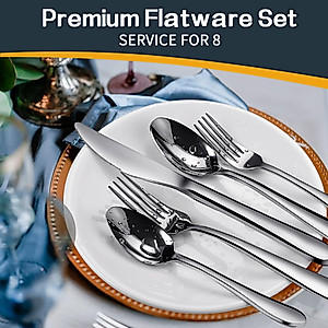 40 Piece Silverware Set for 8, Premium Stainless Steel Flatware Set, Mirror Polished Flatware Set, Durable Household Kitchen Flatware Set, Includes Fork Knife Spoon Set, Dishwasher Safe