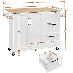 Yaheetech Kitchen Cart with Drop-Leaf Countertop, Kitchen Island on 5 Universal Wheels with Storage Cabinet and 3 Drawers for Dinning Room, L53xW18xH36 in, White