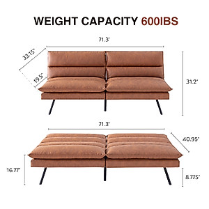 Futon Sofa Bed, Memory Foam Futon Couch with Adjustable Backrest, Multi-Functional Design Convertible Sofa Bed, Space-Saving Sleeper Sofa for Living Room(Brown-PU)