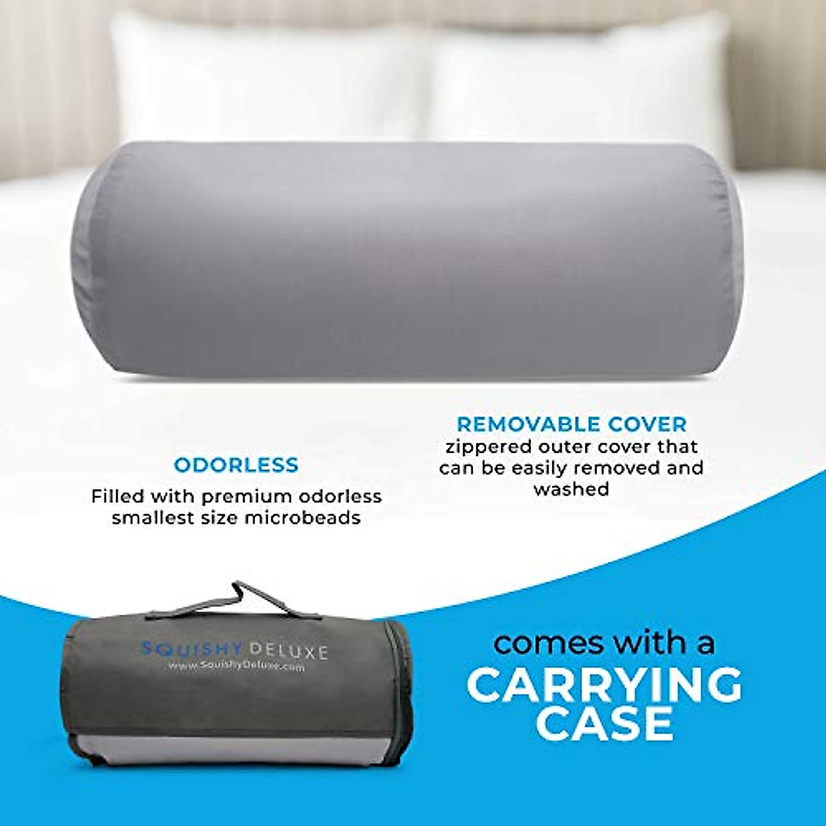 Squishy Deluxe Tube Microbead Bolster Pillow with Stay-Cool Fill & Silky Removable Cover, Flexible, Head, Neck & Back Support for Home & Away, Carrying Case, 13 x 6 inches, Grey