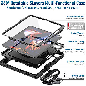 Timecity Protective Case for iPad Pro 12.9 inch 6th/ 5th/ 4th/ 3rd Generation, with Strong Protection, Screen Protector, Hand/Shoulder Strap, Rotating Stand, Pencil Holder - Black