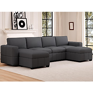 Wimarsbon Modular Sectional Sofa Set Convertible U Shaped Sofa Couch with Storage Seats Modern Pinstripe Fabric Sectional Couch for Living Room (Black, 4+2)