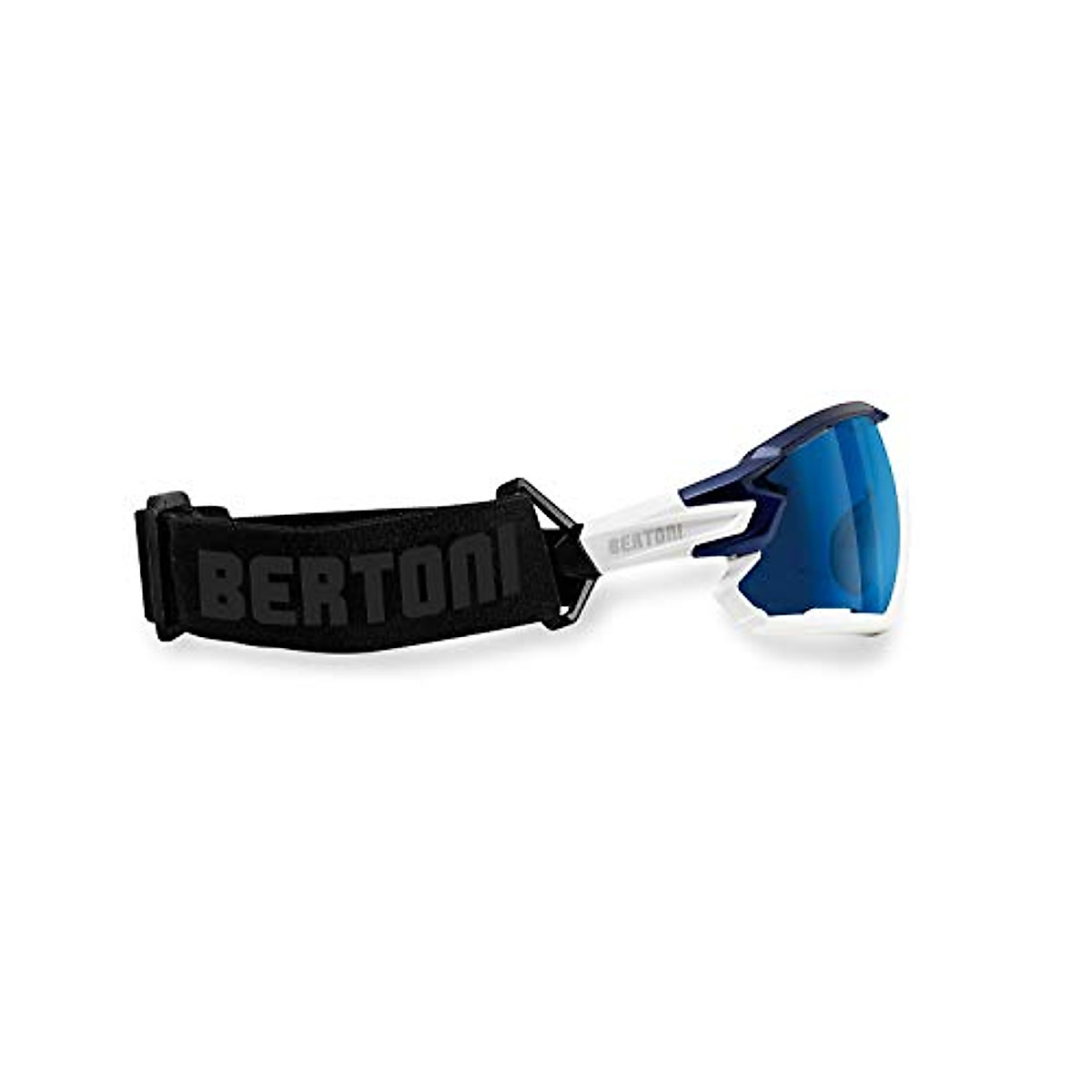Bertoni Sport Sunglasses Cycling MTB Running Ski Golf Sport Sunglasses Cycling MTB Running Ski Golf Removable Sport Prescription Carrier Included mod. QUASAR (Blue-White/Blue Mirror)