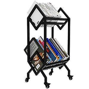 VEDECASA Bookshelf Book Cart Rack Industrial Metal Bookcase 2 Tier Holder with Wheels Modern Stylish Design Magazines Files Album Recipe Book Storage Organizer for Sofa End Bed Beside