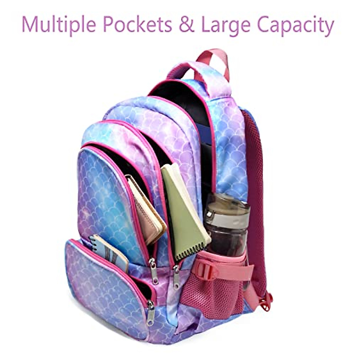 BLUEFAIRY Mermaid Backpack for Girls Elementary School Bags for Kids Primary School Cute Book Bags Fish Scale Child Gifts Presents Travel Mochila Sirenpara Niñas Lightweight 17 Inch (Rose)