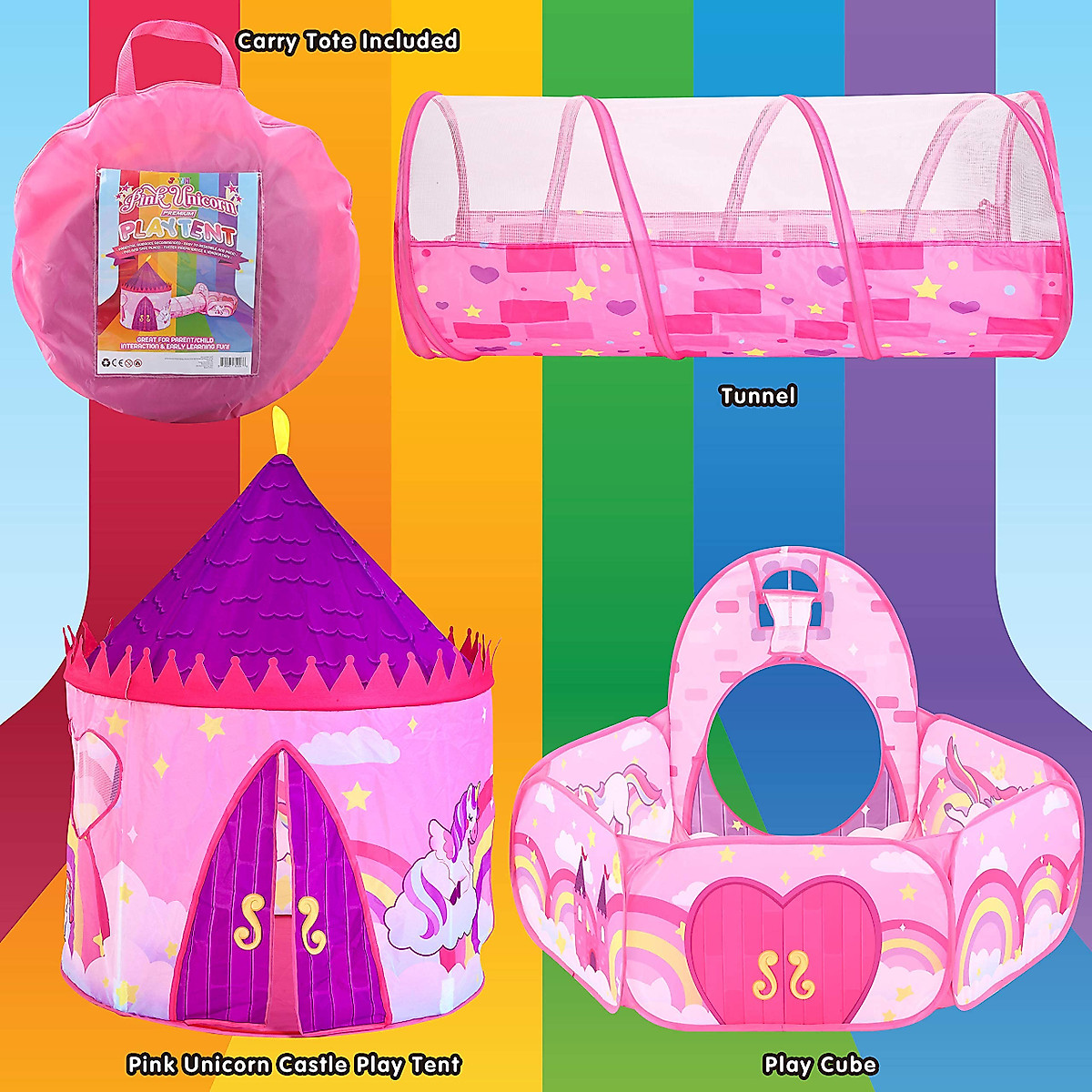 JOYIN Girls Unicorn Princess Pink Castle Play Tent with Pop Up Play Tent, Tunnel and Playhouse with Ball Pit Kids Indoor Outdoor Play Tent Set