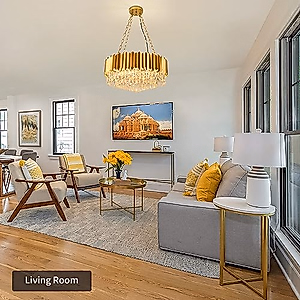 Fitsai Modern Gold Crystal Chandelier Light with Remote Control, Dimmable Round LED Pendant Light, Ceiling Light Fixtures for Dining Room Living Room Bedroom Variable Light