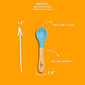 Avanchy Baby Fork Set, Bamboo and Silicone Spork Utensils, Toddler Baby Led Weaning Silverware Cutlery Flatware, Kids First Self Feeding, 2 Pack, Blue