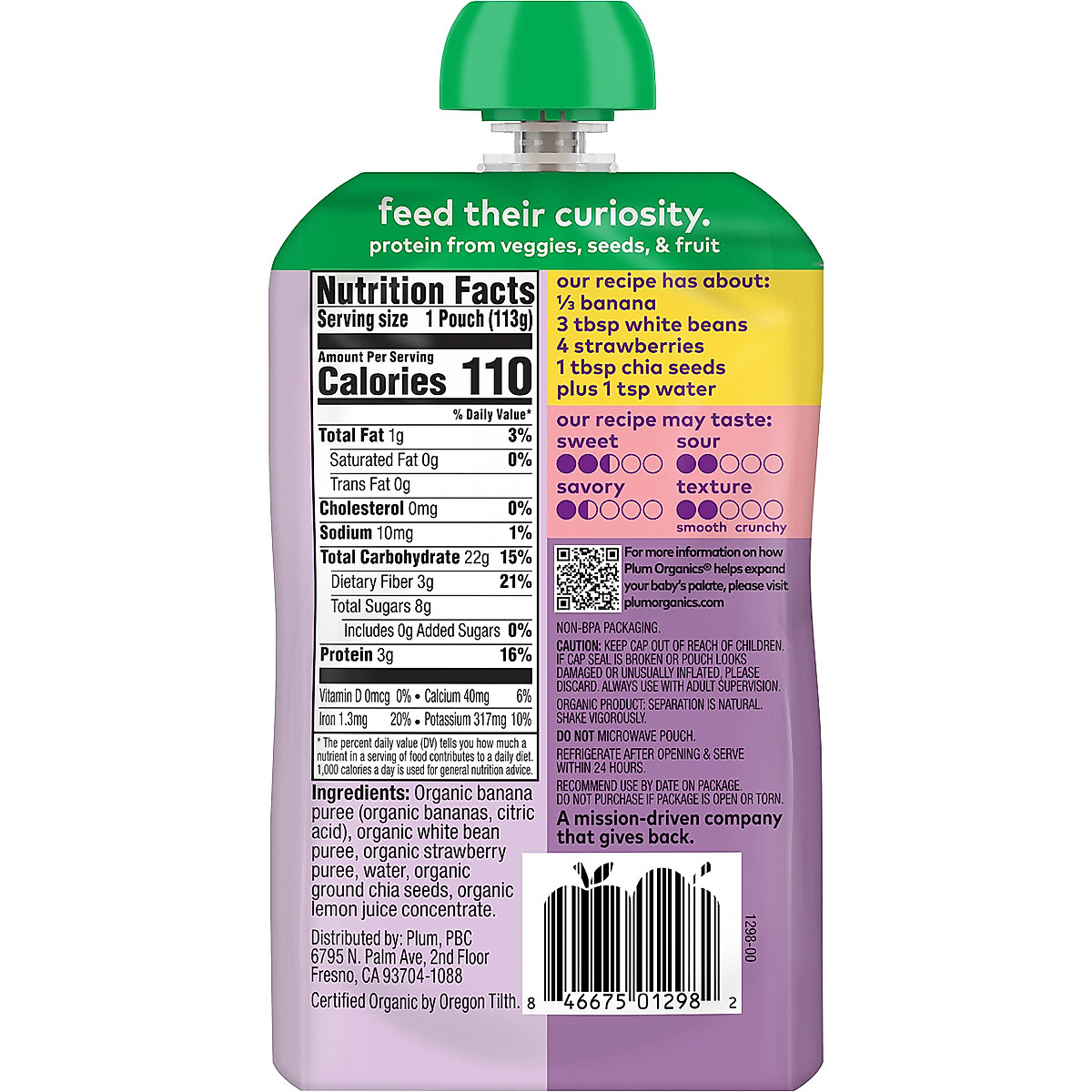 Plum Organics Mighty Builder Organic Toddler Food - Banana, White Bean, Strawberry, and Chia - 4 oz Pouch (Pack of 12) - Organic Fruit and Vegetable Toddler Food Pouch