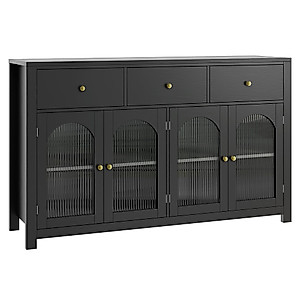 FINETONES Buffet Cabinet with Storage, 55.1" Large Sideboard Buffet Farmhouse Kitchen Cabinet with 3 Drawers and 4 Doors, Wood Coffee Bar for Kitchen, Black