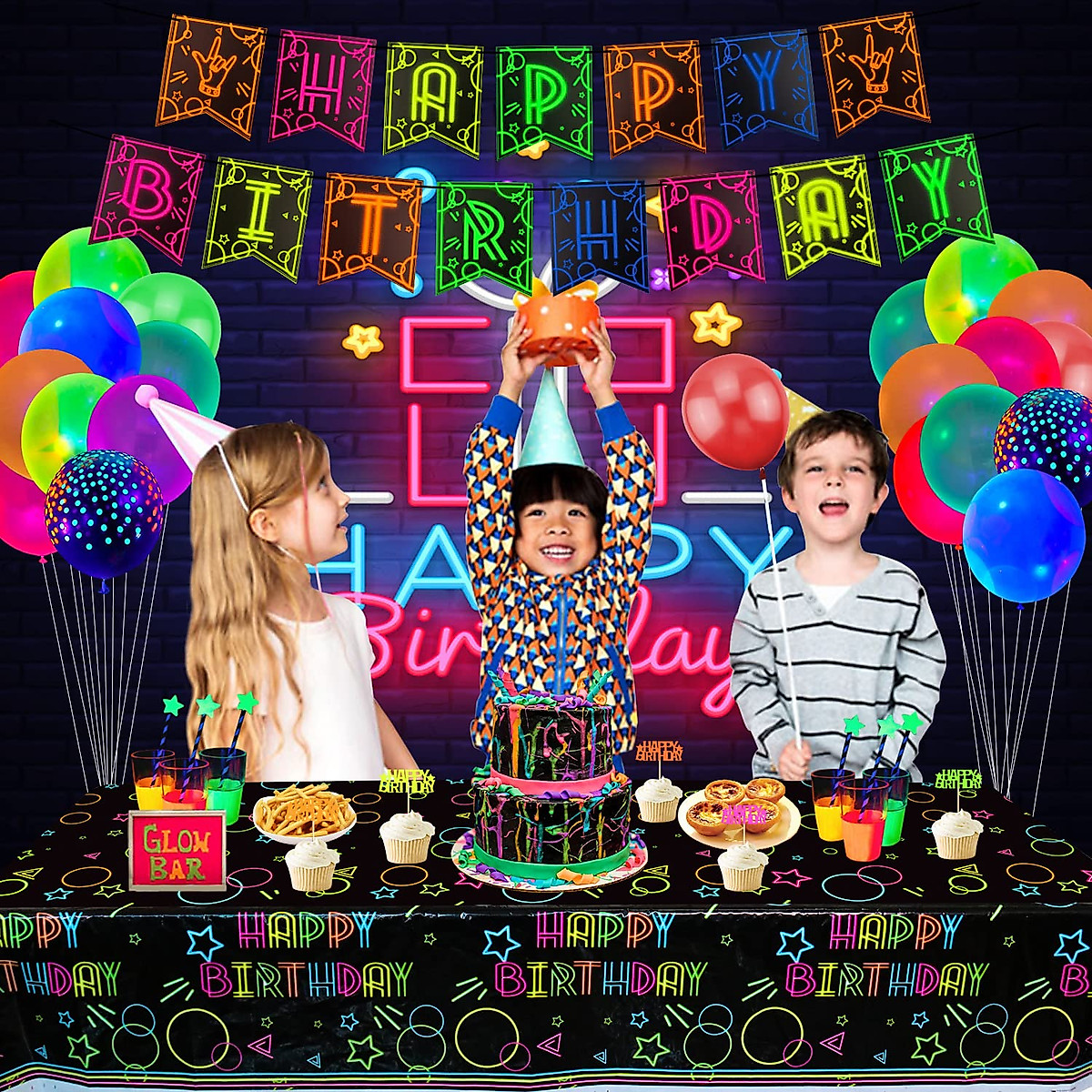XJLANTTE 3 Pack Glow Party Tablecloth Supplies - Neon Plastic Disposable Birthday Table Cover, Black Light Rectangle All Over Print Table Cloth 51"x86.6" for Glow in The Dark Parties Decorations