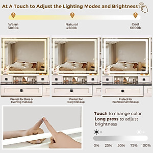 ANWBROAD Makeup Vanity Desk with Mirror and Lights Farmhouse Vanity Desk with Charging Station 3 Color Dimming Lights Storage Cabinet Cushioned Stool Vanity Table Set for Bedroom Antique White UBDT61W