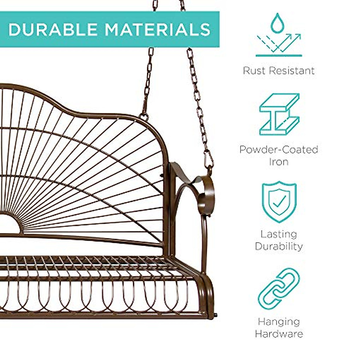 Best Choice Products Hanging Iron Porch Swing Bench Outdoor Patio Furniture for Garden, Deck w/Armrests, Mounting Chains