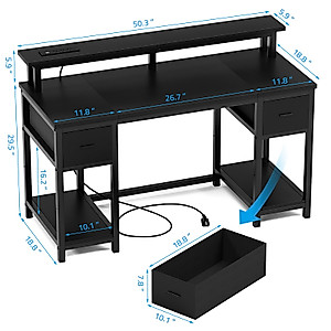 GreenForest Computer Desk 50 Inch with Monitor Stand and LED Lights, Gaming Desk with 2 Fabric Drawers and Power Outlets, Office Desk with Shelves, Black