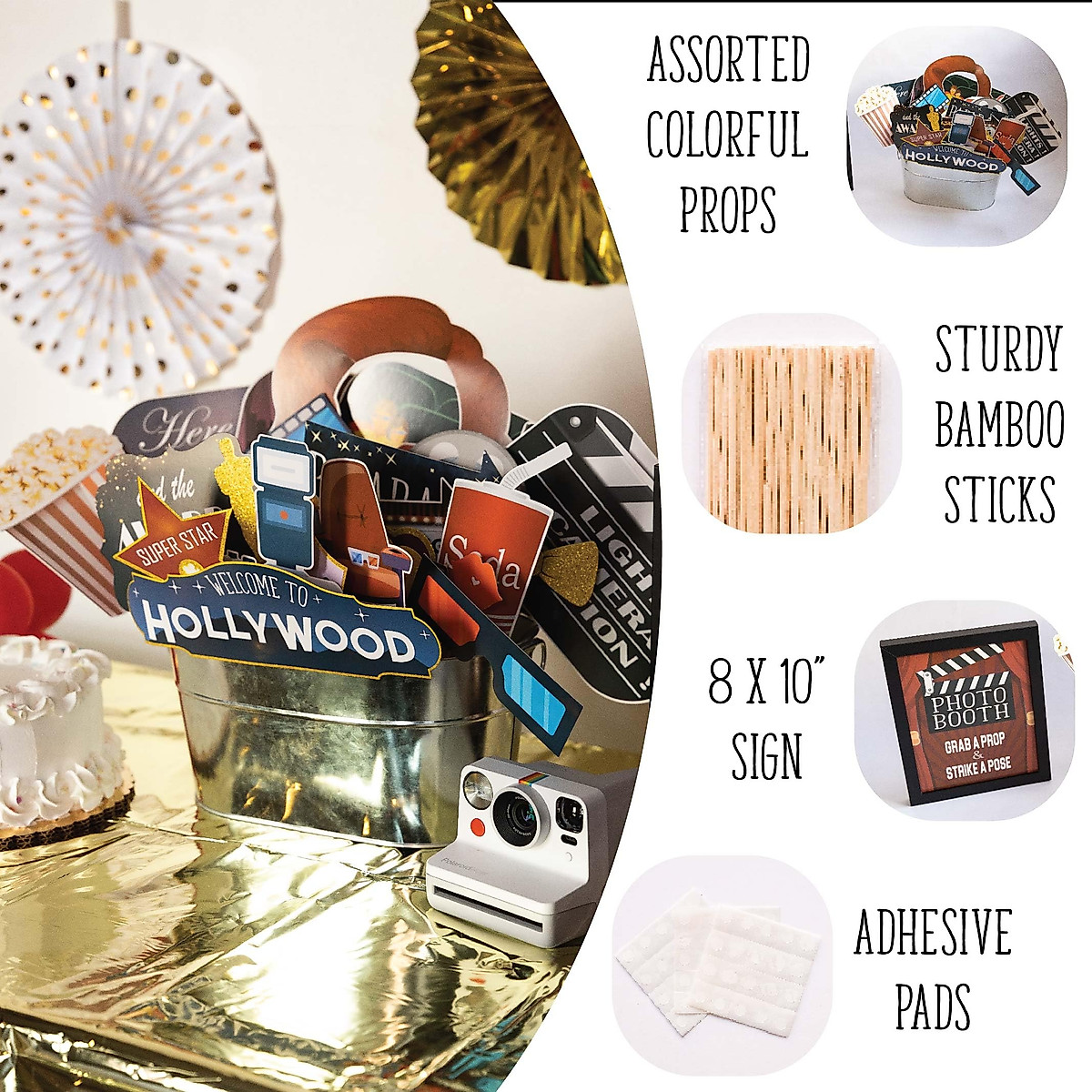 Hollywood Photo Booth Props - 41-pc Photobooth Kit with 8 x 10-Inch Sign, 60 Adhesive Pads, 45 Sticks - Movie Night Supplies - Hollywood Party Decorations