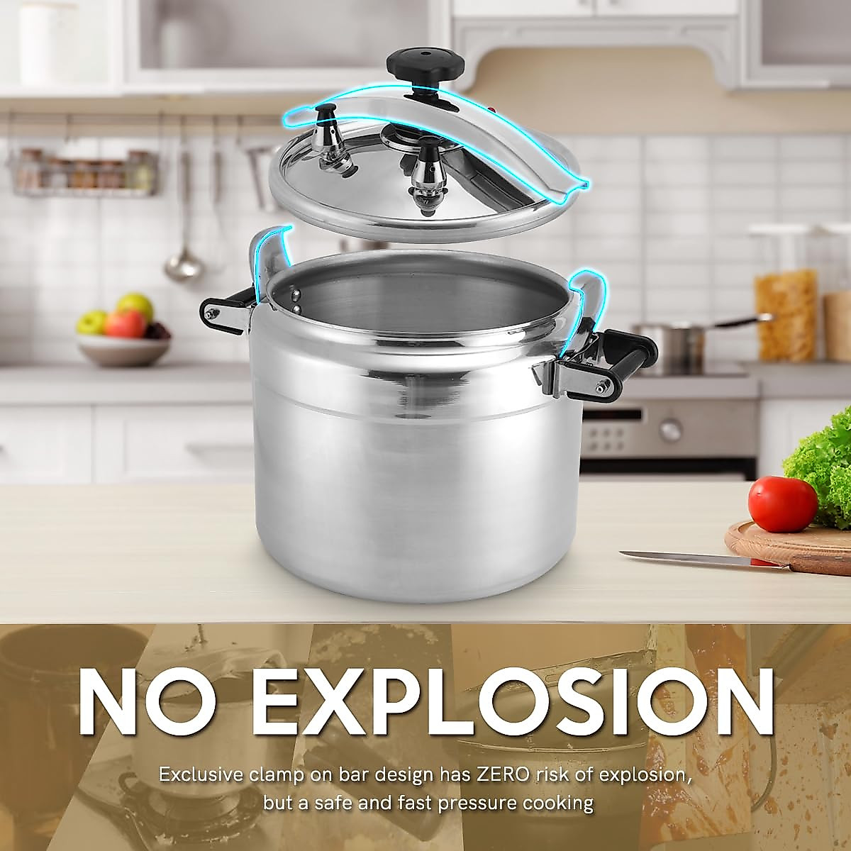 Fulgutonit Clamp On Pressure Cooker, 26 Quart Aluminum Pressure Cooker w/Ultra Safe Clamp Bar Locking System, 2 Valves for Stable High Pressure, for Family or Commercial Use