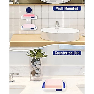 MOVNO Double Layer Soap Dish Soap Holder for Shower Wall, Sponge and Bar Soap Holder Saver for Bathroom Gadgets, Soap Container with Draining Tray Soap Case for Bathroom and Kitchen（Blue）