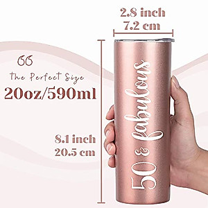 Onebttl 50th Birthday Gifts for Women, Female, Her - 50 and Fabulous - 20oz/590ml Stainless Steel Insulated Tumbler with Straw, Lid, Message Card - (Rose Gold)