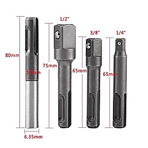 4Pcs Set SDS Plus Shank to 1/4" Hex Socket Adaptor and 1/4" 3/8" 1/2" Head Drill Bit Extension Connector