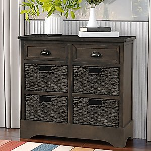 P PURLOVE Storage Cabinet Retro Style Storage Unit with 2 Drawers and 4 Baskets for Home Entryway Living Room (Dark Brown)