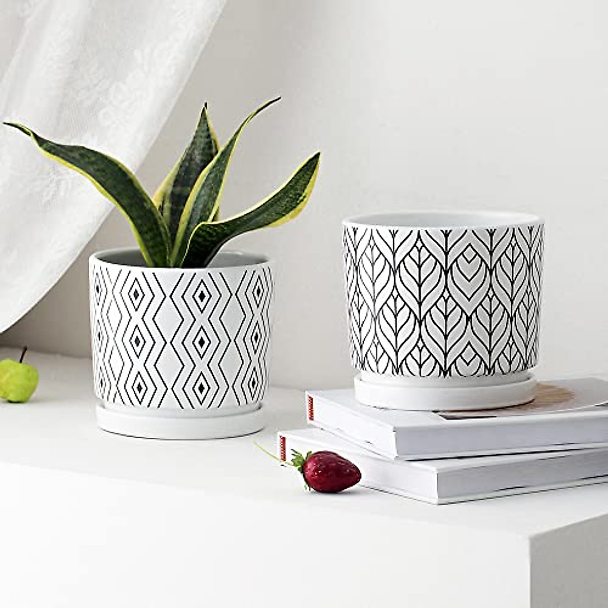 Ton Sin Plant Pots,5.5 Inch White Pots for Indoor Plants with Drainage Holes,Cylinder Flower Pot Ceramic Planters with Saucer,Cactus Succulent Outdoor Garden Pots Set of 4