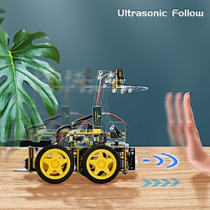 KEYESTUDIO 4WD Bluetooth Smart Car Robot Arm Building Starter Kit for Arduino ，for Uno R3 Programmable Robotics Coding Kit DIY Set for Student Adults 15+