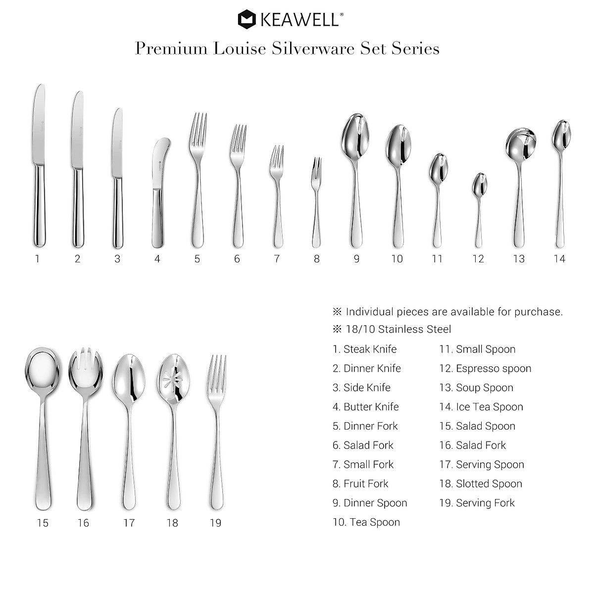 KEAWELL Premium 45-Piece Louise Silverware Set, 18/10 Stainless Steel, Service for 8, Fine Flatware Set, Smooth and Exceptional mirror finish, Dishwasher Safe (45)