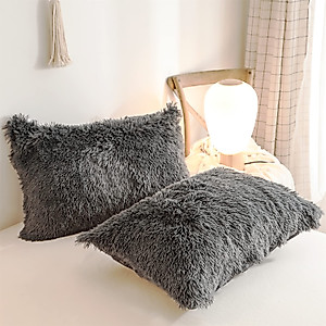 HAIHUA Luxury Plush Shaggy Duvet Cover Flannel Velvet Bedding (1 Faux Fur Duvet Cover +2 Faux Fur Pillowcases)Fluffy Comforter Bed Sets 3 Pieces ,Zipper Closure (Dark Gray, Queen)