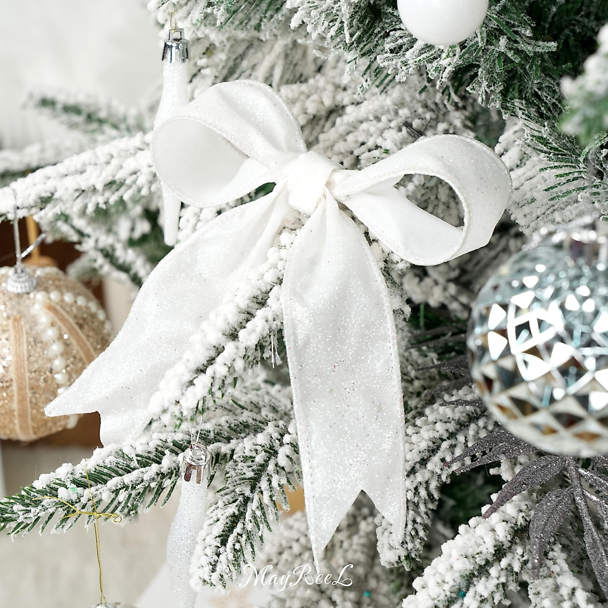 MAYREEL 1.5 Inch White Ribbon Wired Light White Glitter for Christmas Decorations Gift Wrapping Wreath Supplies Tree Toppers Crafts 10 Yards