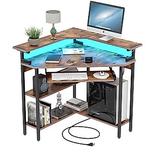 Auromie Corner Desk with Charging Station & LED Light, Triangle Corner Desk with Monitor Stand & Keyboard Tray for Small Space, Gaming Computer Desk with Storage Shelves for Home Office (Rustic)