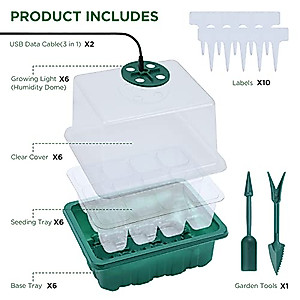 Seedfactor Seed Starter Tray with Light, 6PCS Seed Starter Kit with Grow Light, Seedling Starter Trays with Humidity Domes, Covers Height 3.9", Indoor Gardening Plant Germination Trays
