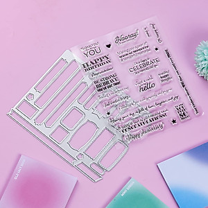 Sucrain 2pcs Metal Dies Cut and Clear Silicone Stamp, for Card Making Paper Craft Scrapbooking Album DIY, Sentiment Words Stencils Carbon Steel Embossing Template