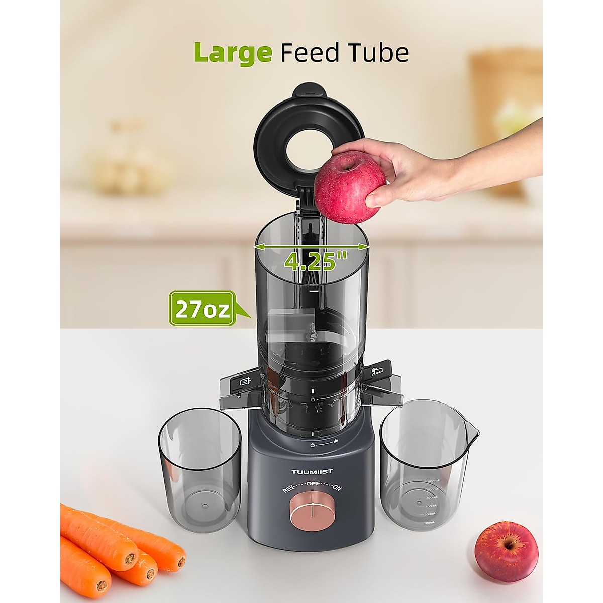 Cold Press Juicer with 8 Juice Bottles - Masticating Juicer Machines for Fruits and Veggies, 4.25" Large Feed Chute, Easy to Clean