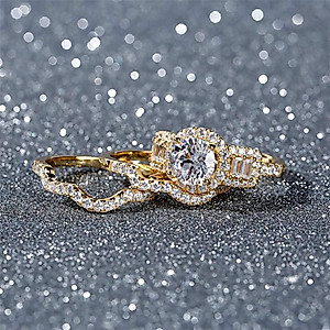 Jeulia 2 Carat Engagement Halo Rings for Women Sterling Silver Round Cut Bridal Set Cubic Zirconia Wedding Diamond Band Rings Promise Anniversary Rings for Her (Yellow gold, 10.5)