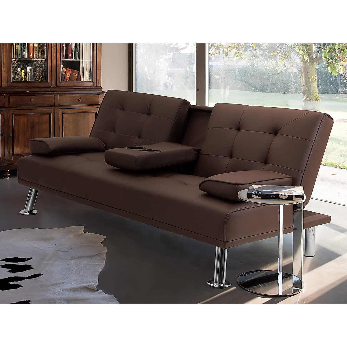 YESHOMY Futon Sofa Bed, Modern Faux Leather Convertible Folding Lounge Couch for Living Room with 2 Cup Holders Removable Soft Armrest and Sturdy Metal Legs, Brown