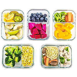 C CREST Glass Meal Prep Containers 2 Compartment Set, 5-Pack, 34oz, Glass Bento Boxes for Adults, Divided Glass Lunch Containers with Lids