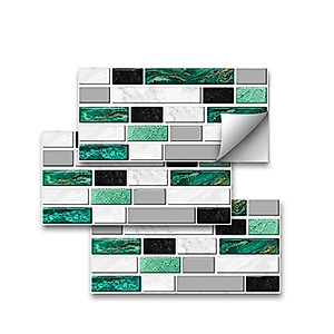 funlife 27Pcs Peel and Stick PVC Green Agate Effect Tile Picture Sticker, Self-Adhesive Non-3D Backsplash Decals for Kitchen Bathroom
