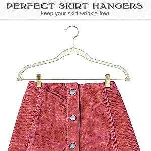 Hoolerry 10 Pcs Clear Hangers with Clips Acrylic Glitter Hangers 17 x 8 Inches Plastic Skirt Pants Hangers with Non Slip Notches Adjustable Clips Coat Hanger for Clothes Skirt Trousers Jeans (Gold)