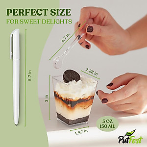 PutFest 50 Pack - 5 oz Clear Plastic Dessert Cups with Lids & Spoons - square plastic cups Parfait cups fruit cups with lid - Appetizer cups Clear plastic cups with lids - Mini dessert cups with lids