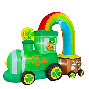 SEASONBLOW 6Ft LED Inflatable St. Patrick's Day Train with Shamrock Rainbow Pot Decoration Lighted Blow up for Home Yard Lawn Garden Indoor Outdoor