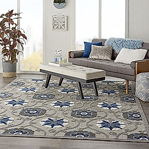 Nourison Aloha Indoor/Outdoor Grey/Blue 7'10" x 10'6" Area Rug, Easy Cleaning, Non Shedding, Bed Room, Living Room, Dining Room, Deck, Backyard, Patio (8x11)