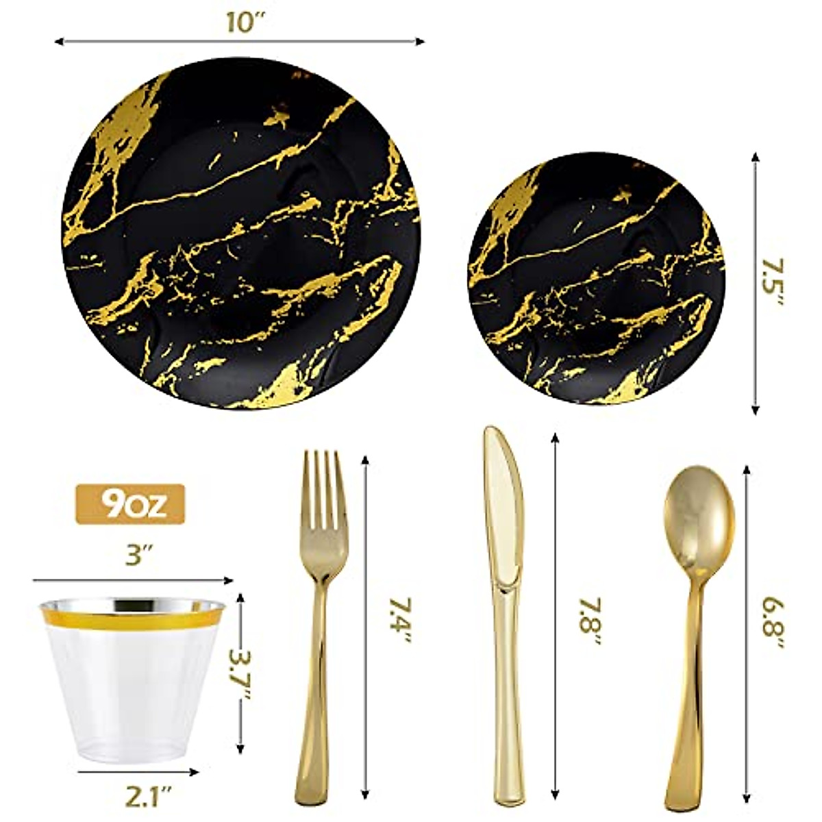 JOLLY PARTY 180PCS Disposable Dinnerware Set 30 Guest, 60 Black and Gold Plastic Plates, 30 Plastic Silverware, 30 Plastic Cups, Marble Design Disposable Plastic Dinnerware for Wedding and Parties